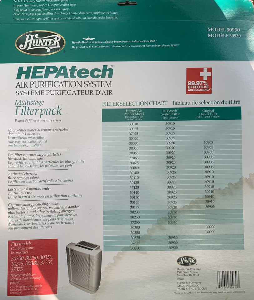 Hunter Hepatech Air Purification System Multistage Filter 30930 Box ...