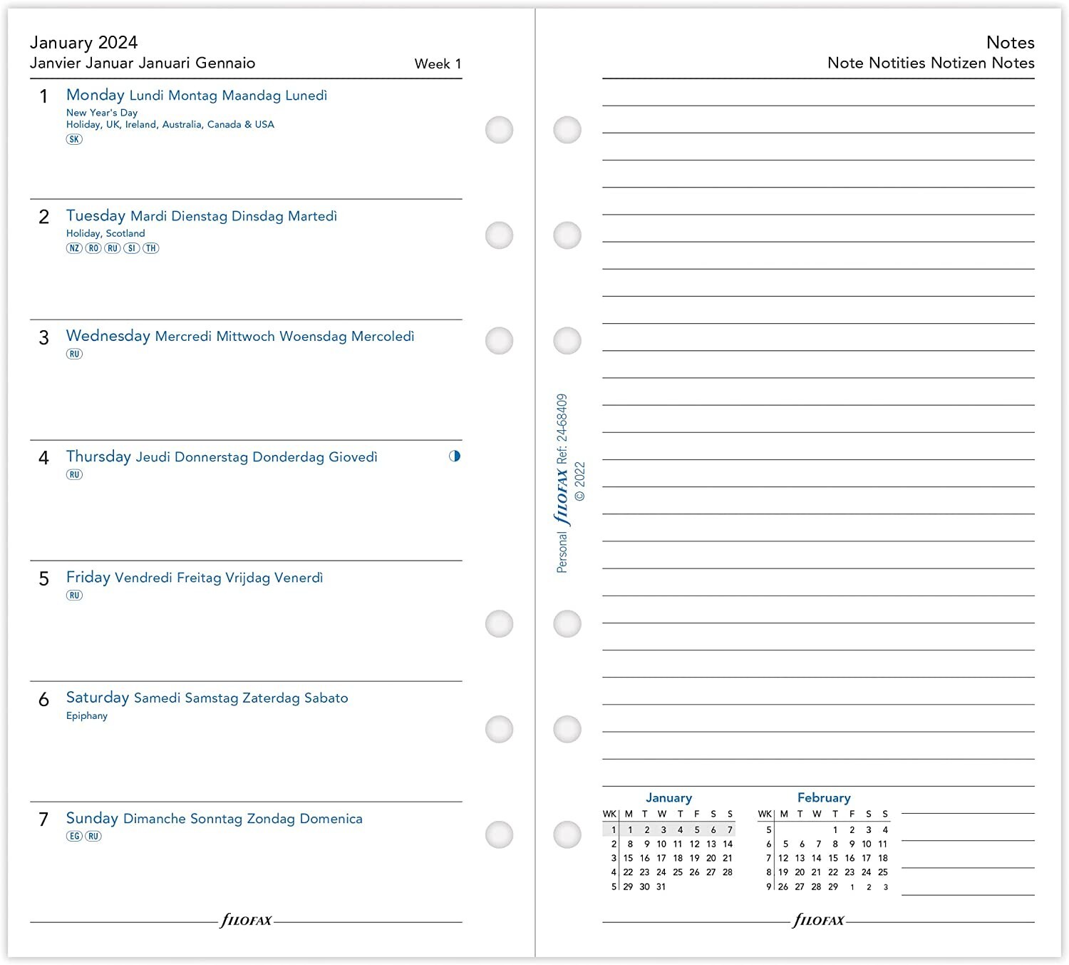 Filofax 2024 Personal size Diary Week On One Page with Lined Notes 24 ...