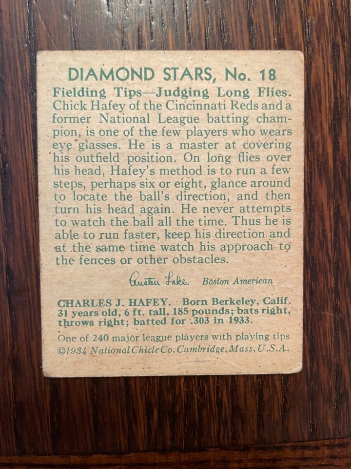 1934 DIAMOND STARS #18 CHICK HAFEY CINCINNATI REDS BASEBALL CARD G ...