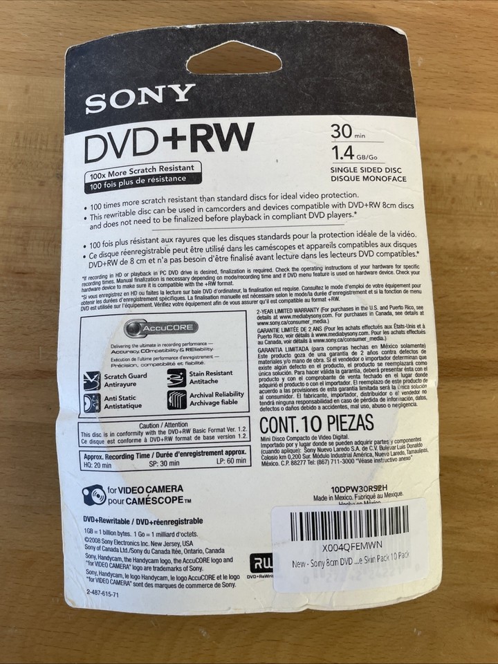Sony Handycam Mini DVD+RW 8CM 1.4 GB 30 Min. ReWriteable Disc 10 Pack ...