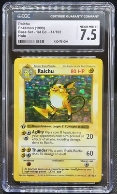 1999 POKEMON BASE SET SHADOWLESS 1ST EDITION HOLO RAICHU #14 CGC 7.5 NM ...
