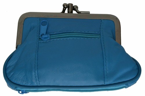 Women's Leather Metal Frame Double Clasp Zipper Coin Purse 5 1/4" x 3 1 ...