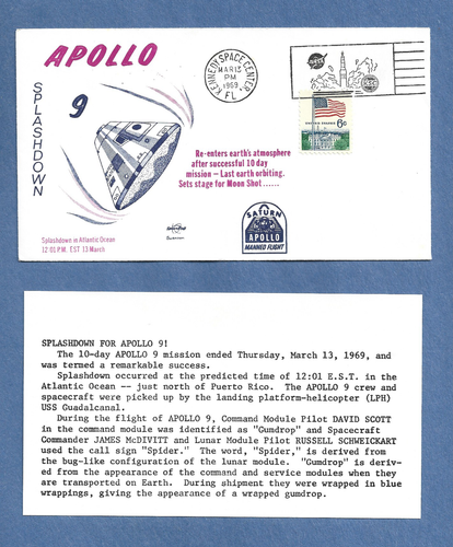 APOLLO 9 SPLASHDOWN MAR 13,1969 KSC SPACECRAFT SWANSON SPACE COVER NASA ...