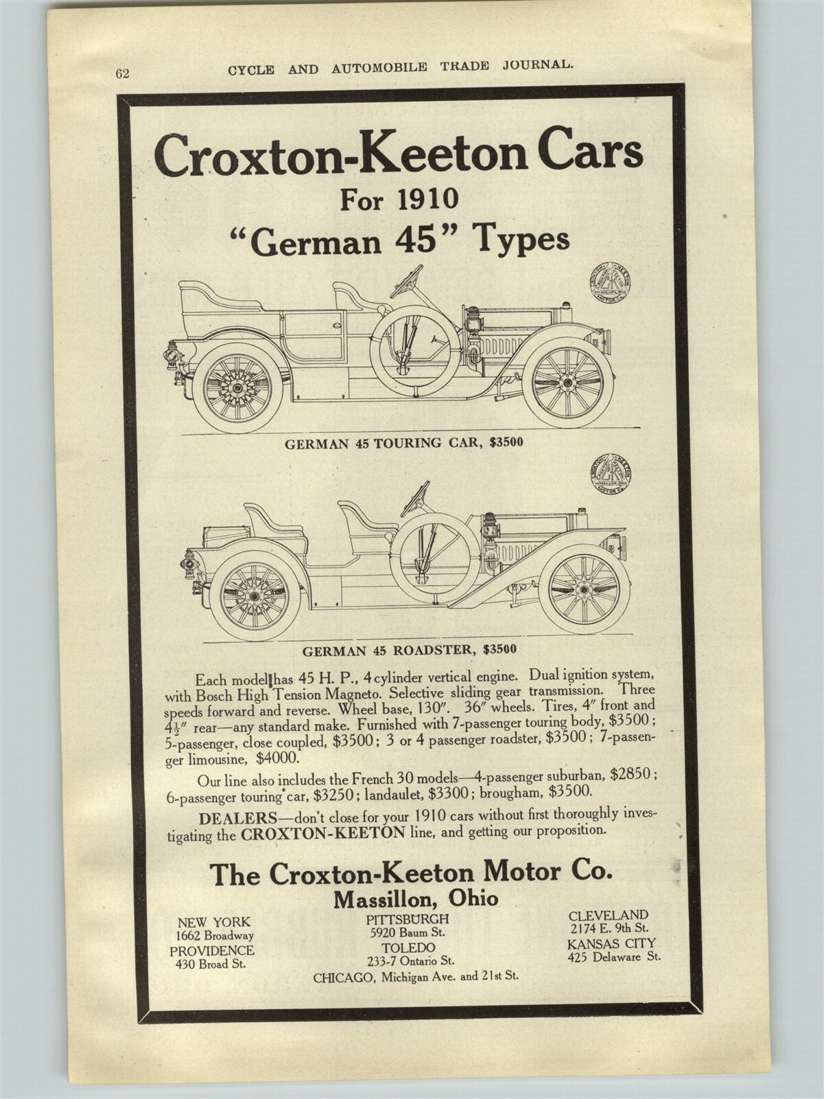 1909 PAPER AD 1910 Croxton Keeton Car Auto Automobile German 45 Types ...
