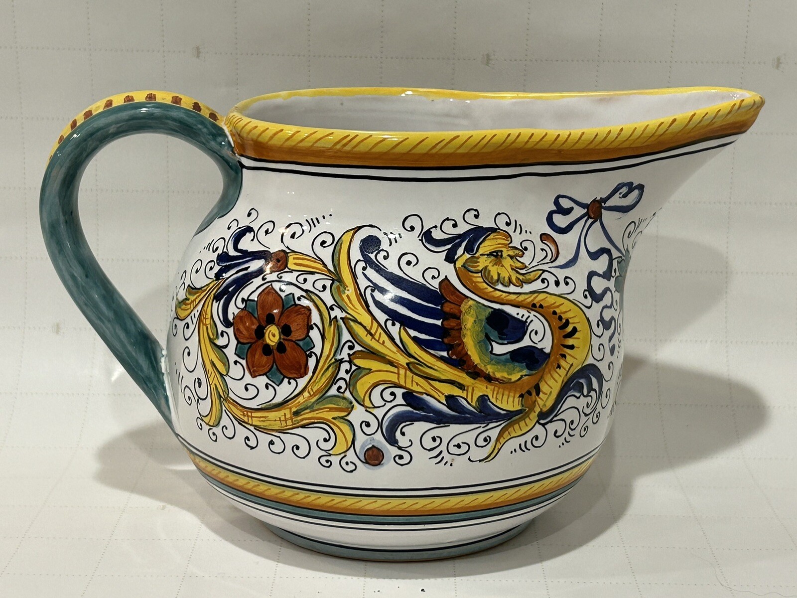 Deruta Dip a Mano Made in Italy Pitcher Dragon Scroll Print 5” Tall 9 ...