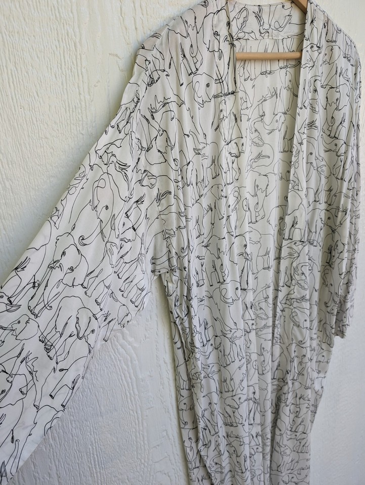 Handmade In Morocco Elephant Print Satin Boho Chic Hippie Duster Kimono ...
