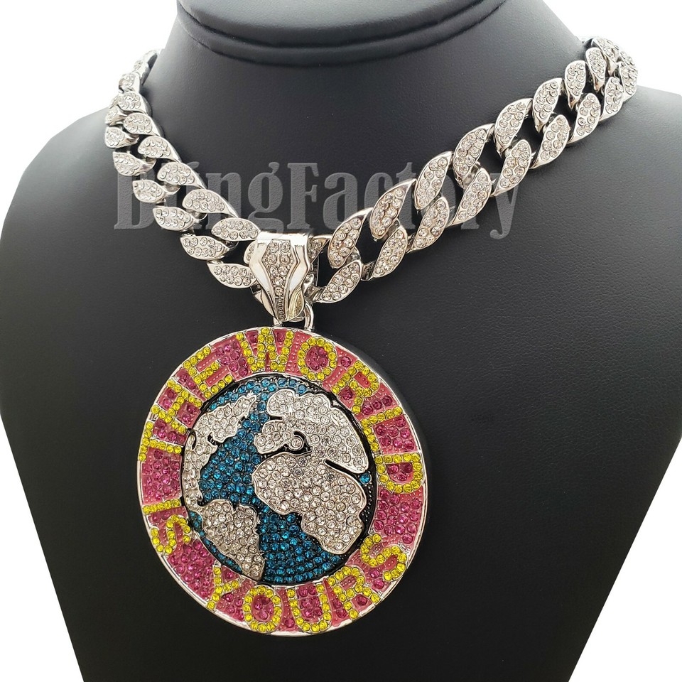 THE WORLD IS YOURS SILVER PT PENDANT & 18" ICED CUBAN CHAIN HIP HOP ...