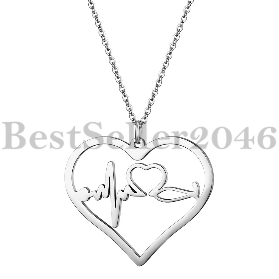 Stainless Steel Lifeline Pulse Heartbeat Charm Open Heart Pendant ...