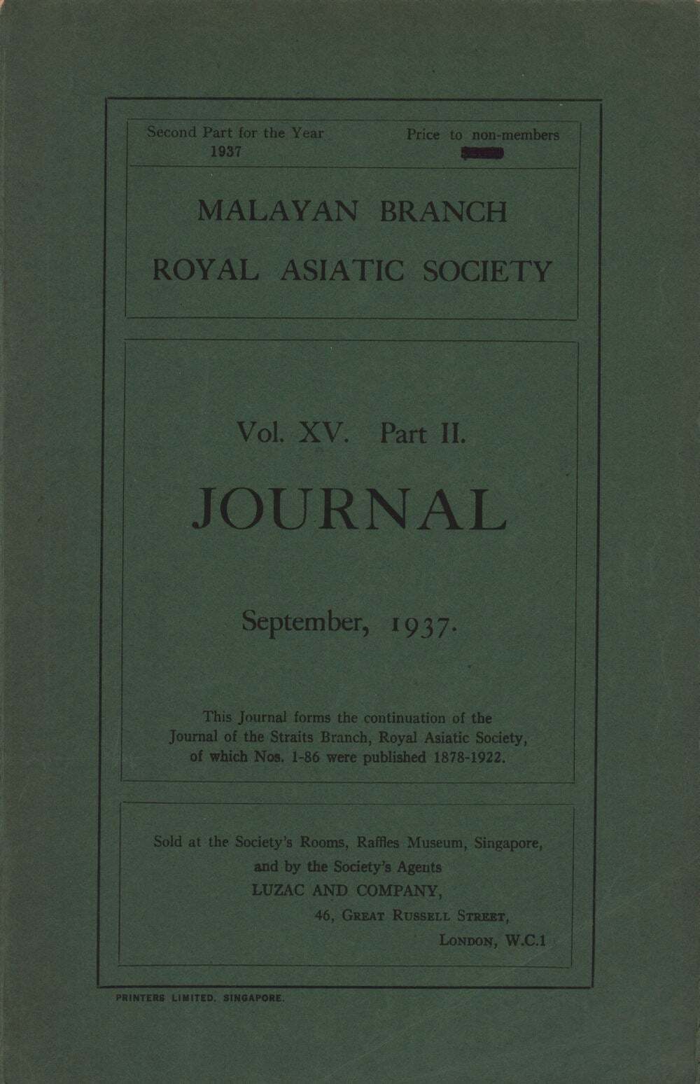 MBRAS / Journal of the Malayan Branch of the Royal Asiatic Society Vol XV Part | eBay