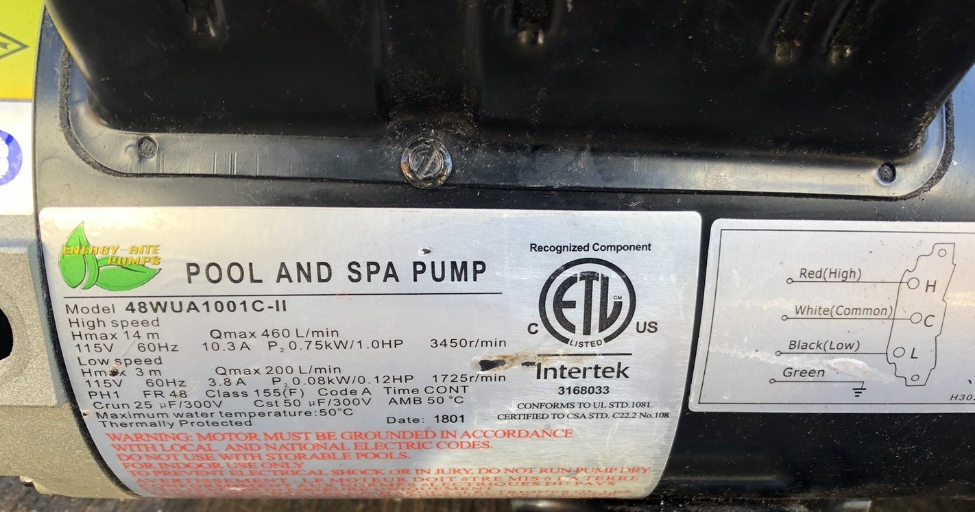 Intertek Pool & Spa Pump 1hp/115v 2 Speed/48fr/ 2"x2" (repaired &Tested ...