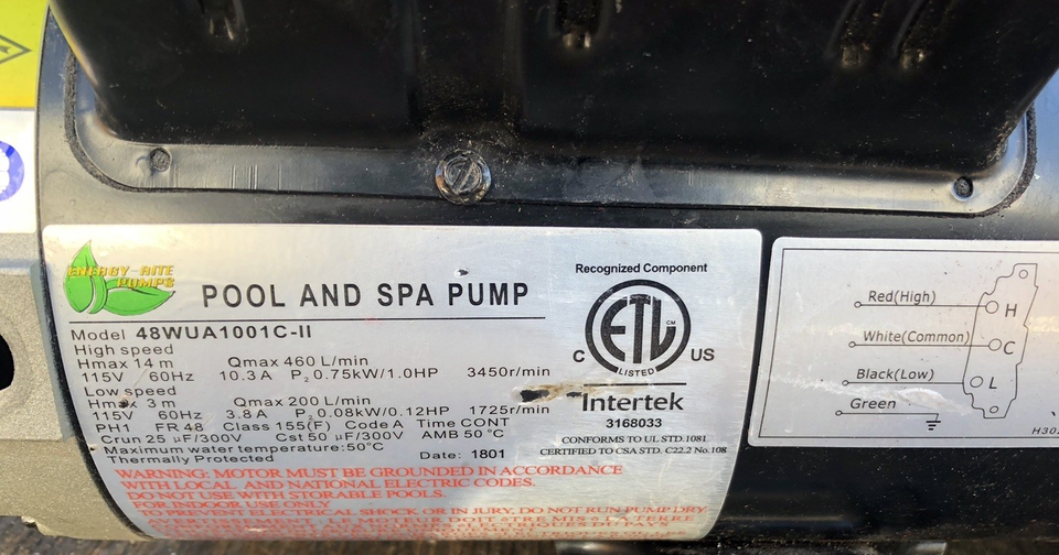 Intertek Pool & Spa Pump 1hp/115v 2 Speed/48fr/ 2"x2" (repaired &Tested ...