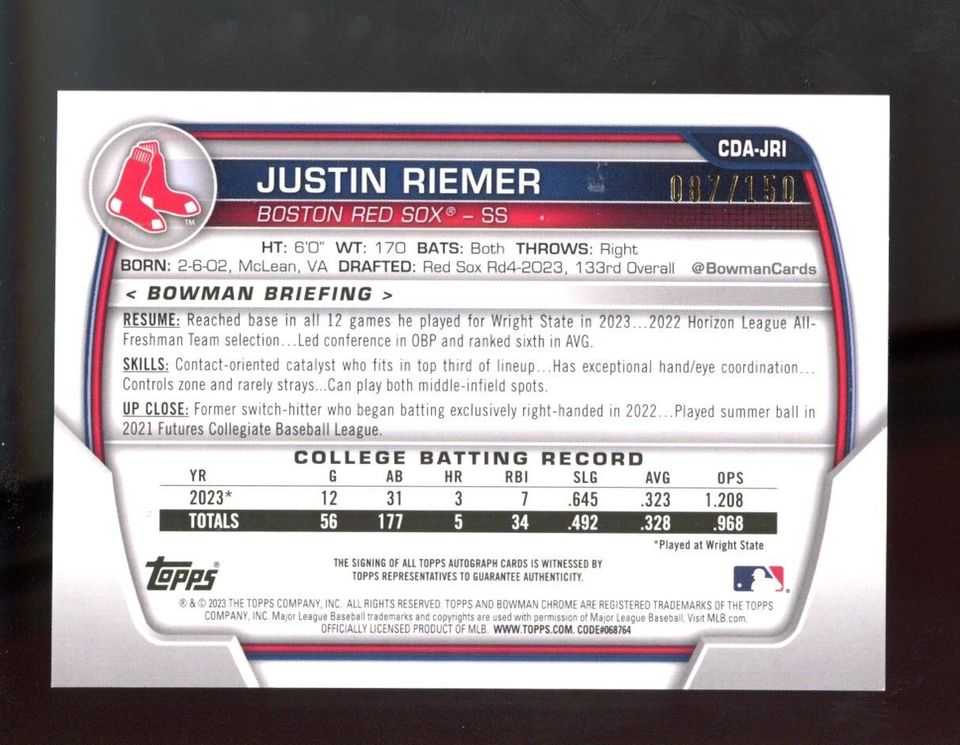 2023 Bowman Chrome Draft Justin Riemer 1st Prospect Mojo Refractor Auto ...