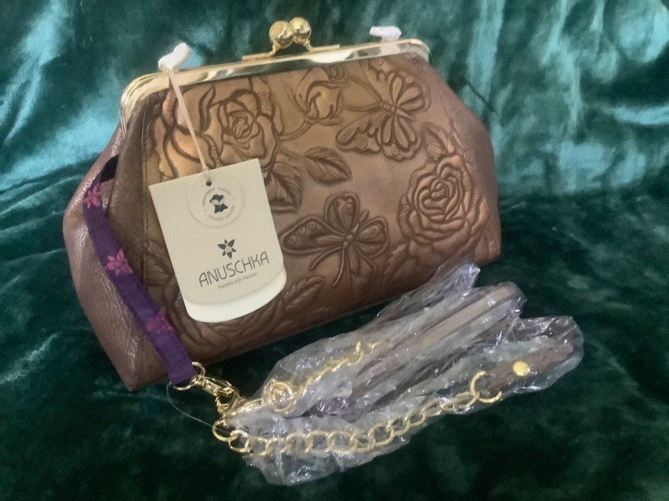 Anuschka Frame Kiss Lock Tooled Leather Shoulder Bag Butterfly Rose ...