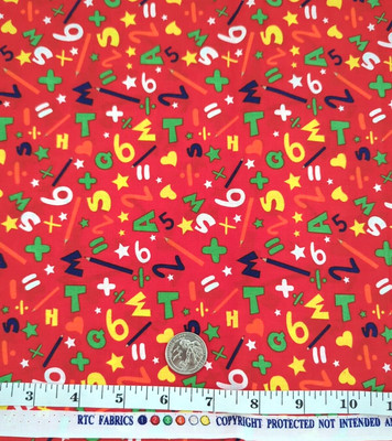 VTG 1yd School Print Fabric Numbers Alphabet Math Symbols On Red By RTC ...