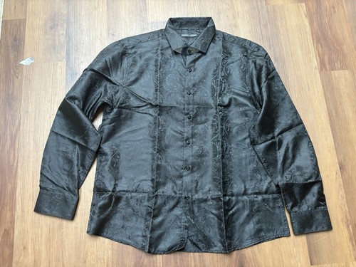 NEW BARRY WANG Black Dress Shirt with Silver Paisley Design | eBay