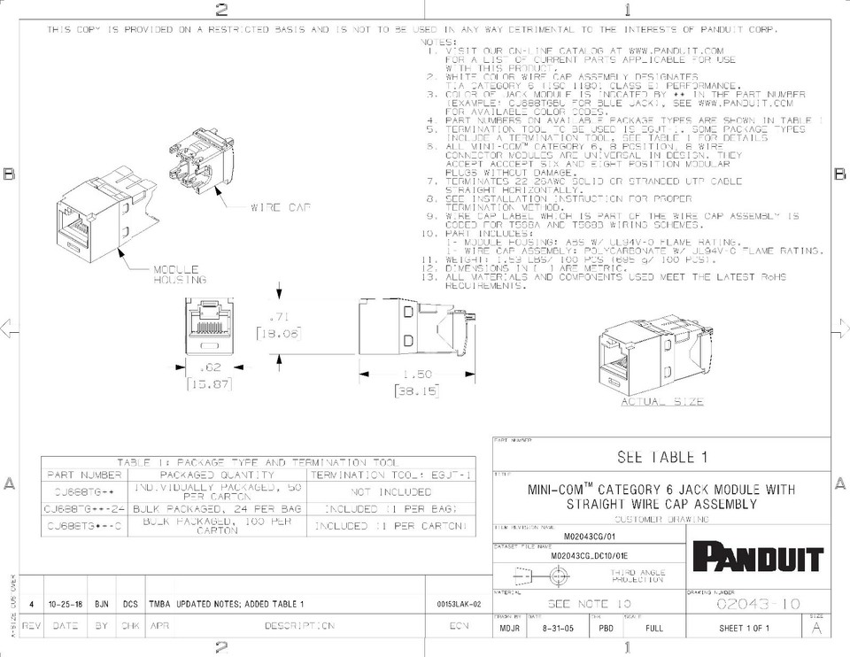 Panduit CJ688TGBU Mini-Com® TX6™ PLUS TG Style UTP Jack Module, Blue ...