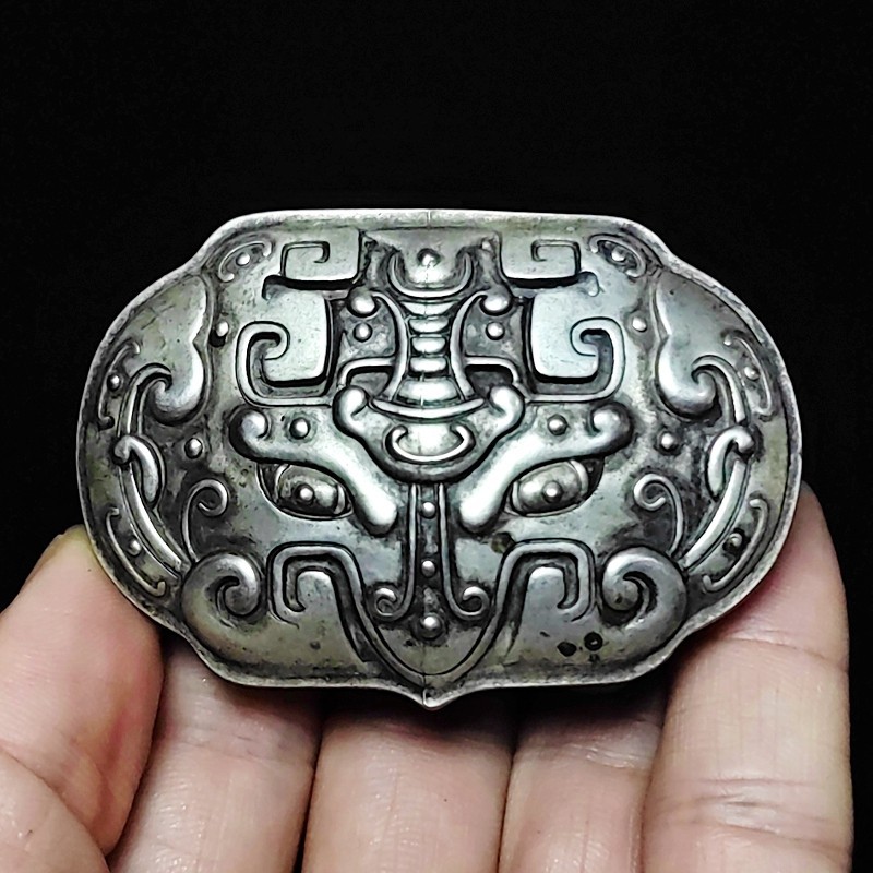 2.7 Inch Chinese Tibet Silver Carving Dragon Beast Face Belt Button ...