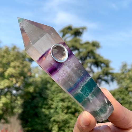 112G Natural Colorful Fluorite Quartz Crystal Point Wand Smoking Pipe ...