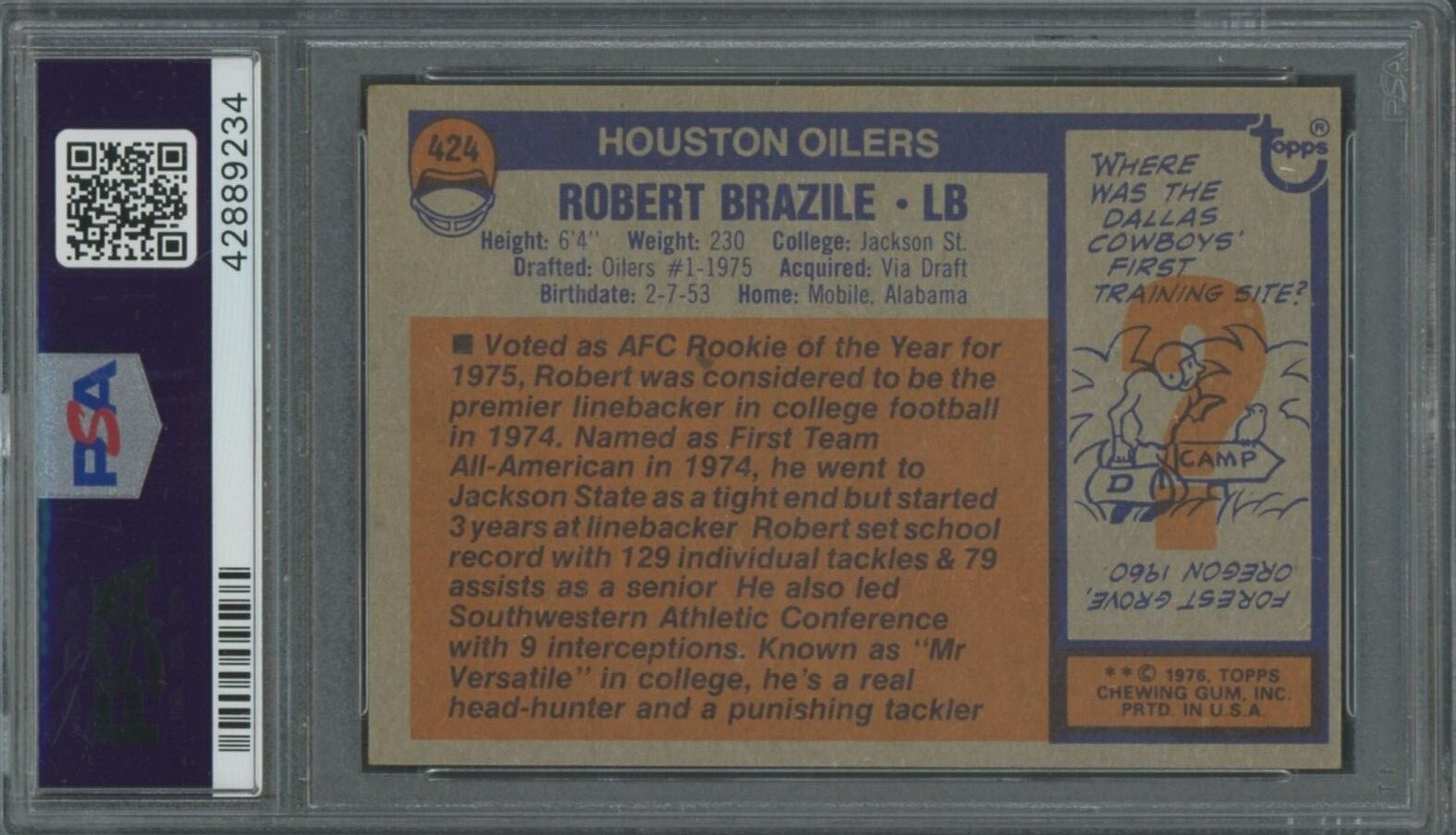 Robert Brazile 1976 Topps Football Rookie #424 ** PSA 7 ** Hall of Fame ...