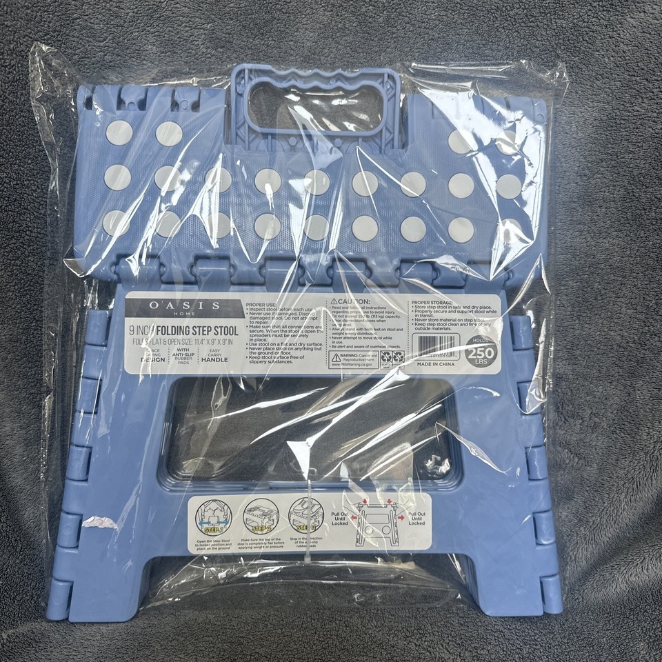 9” Folding Step Stool Oasis Home Blue Anti-slip Rubber Pads New Holds ...