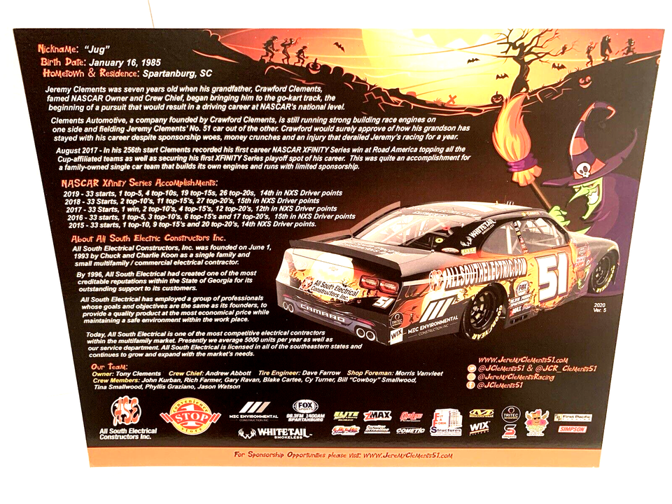 2020 JEREMY CLEMENTS #51 HALLOWEEN ALL SOUTH ELECTRIC XFINITY NASCAR ...