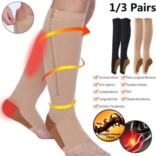 3 Pair Zippered Compression Socks Open Toe 20-30mmHg with Zipper Safe ...
