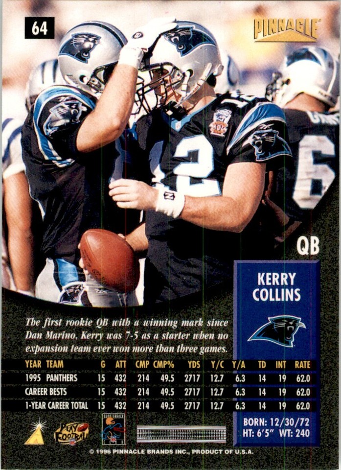 1996 Pinnacle Kerry Collins Carolina Panthers #64 NFL Football Card | eBay