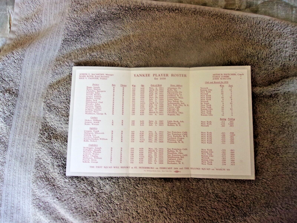 1939 NEW YORK YANKEES MEDIA GUIDE ROSTER JOE DIMAGGIO LOU GEHRIG Press ...