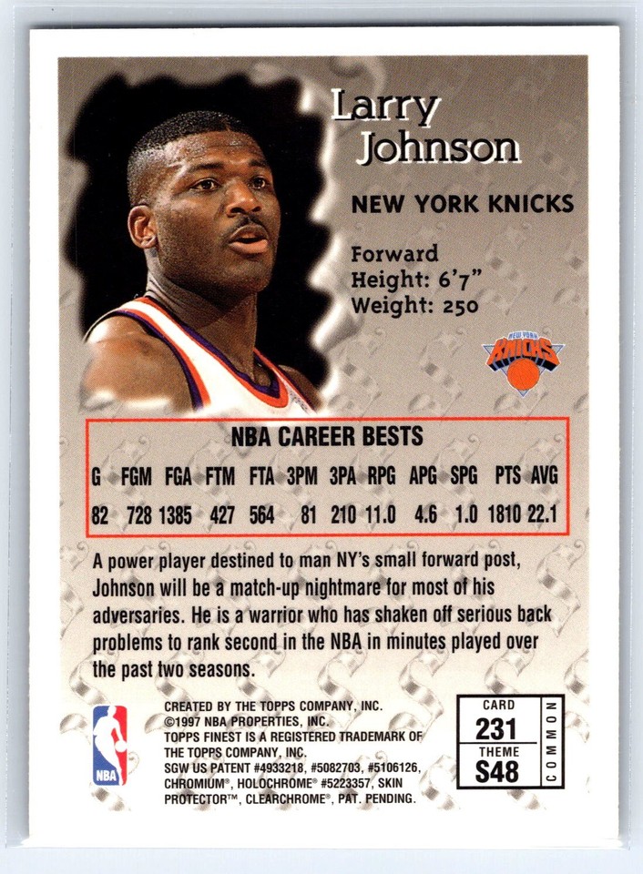 1996 Topps Finest #231 Larry Johnson New York Knicks BRONZE W/COATING ...