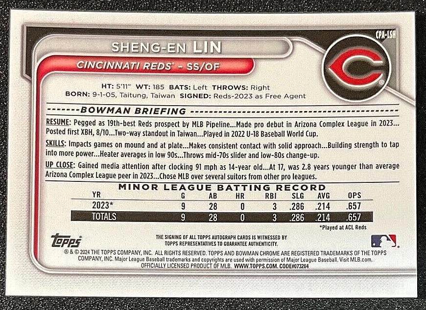 2024 Bowman Chrome Sheng-en Lin 1st Auto Base #CPA-LSH Cincinnati Reds ...