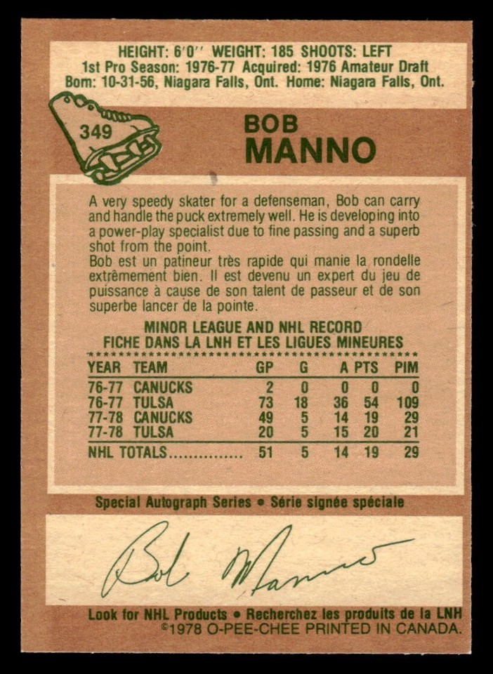1978 OPC O-Pee-Chee Hockey #349 Bob Manno NM | eBay