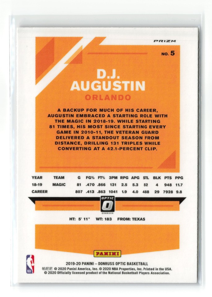 DJ AUGUSTIN #5 2019-20 PANINI DONRUSS OPTIC Hyper Pink | eBay