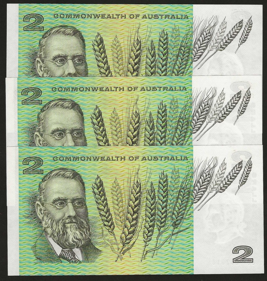 AUSTRALIA 1968 PHILLIPS/RANDALL "C of A" $2 BANKNOTE CONSEC. TRIO ...