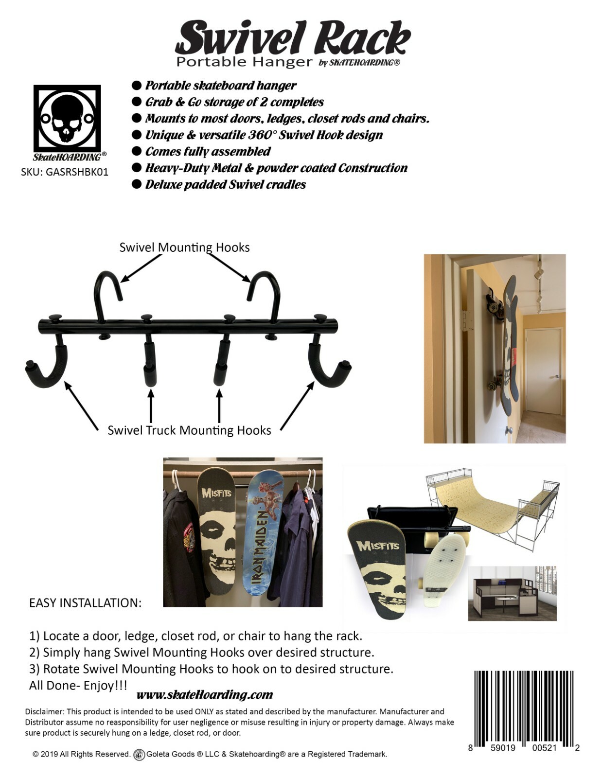 Swivel Rack Portable Skateboard Storage Hanger Rack Mount Powell Santa ...