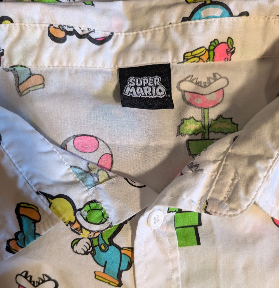 Super Mario Mens Button Up Shirt Short Sleeve White All Over Print - Sz ...