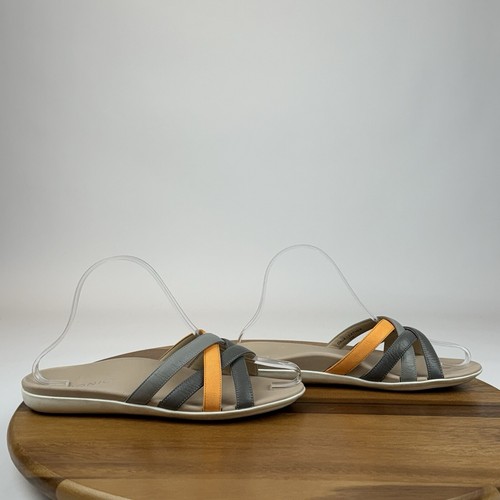 Womens Vionic Dava Gray Leather Strappy Slip On Comfort Sandals Slides ...