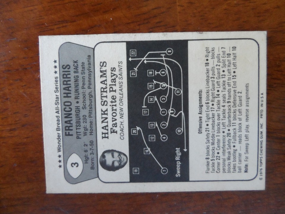 1976 WONDER BREAD A.S. FOOTBALL #3 FRANCO HARRIS PITTSBURGH STEELERS EX ...