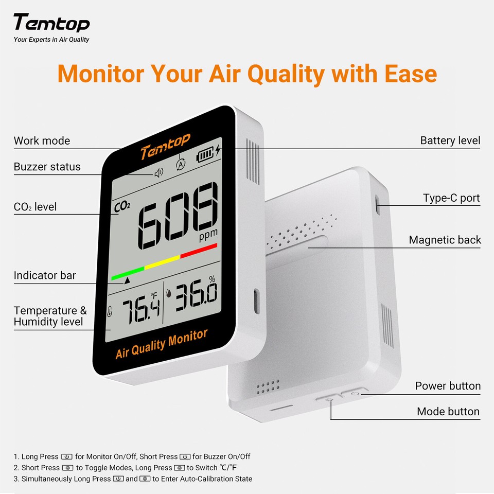 Temtop CO2 Monitor Indoor Air Quality Monitor Portable Temperature Hum ...