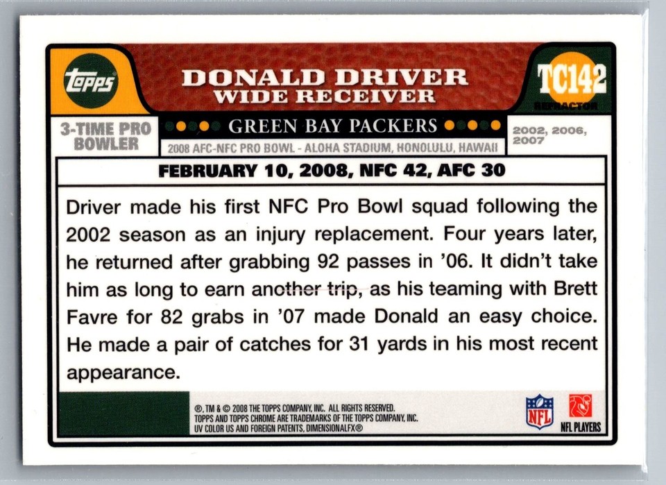 2008 Topps Chrome Refractor Donald Driver #TC142 - NM-MT *TEXCARDS* | eBay