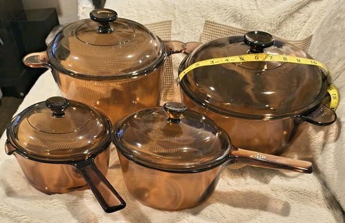 COMPLETE MINT SET |8 piece| Vintage/80s Corning VISION Ware Amber Glass ...