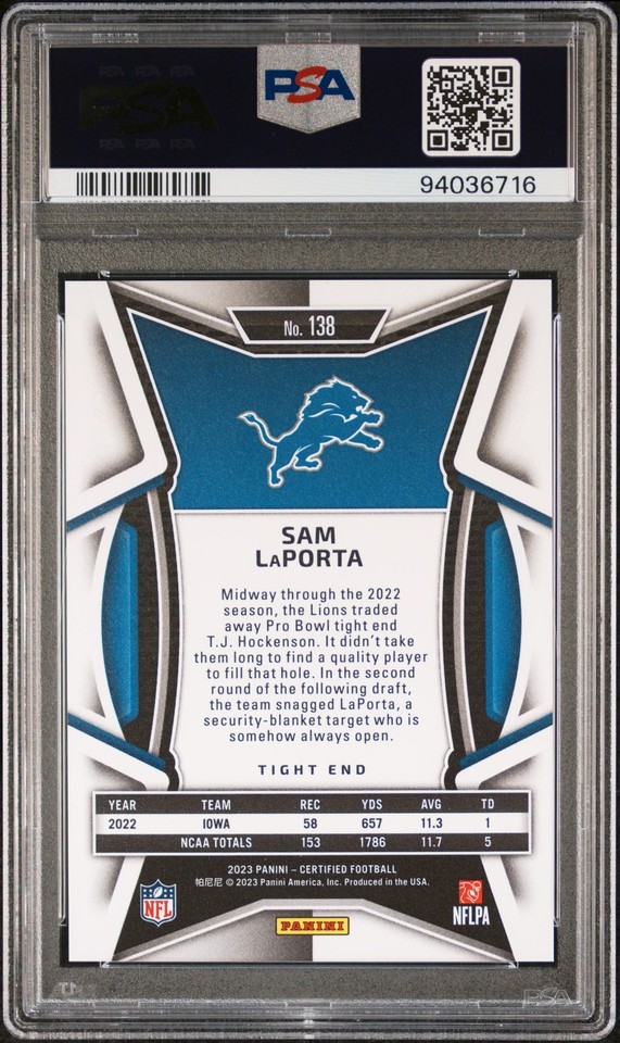 2023 PANINI CERT MIRROR TEAL #138 SAM LAPORTA ROOKIE RC 32/50 PSA 9 | eBay