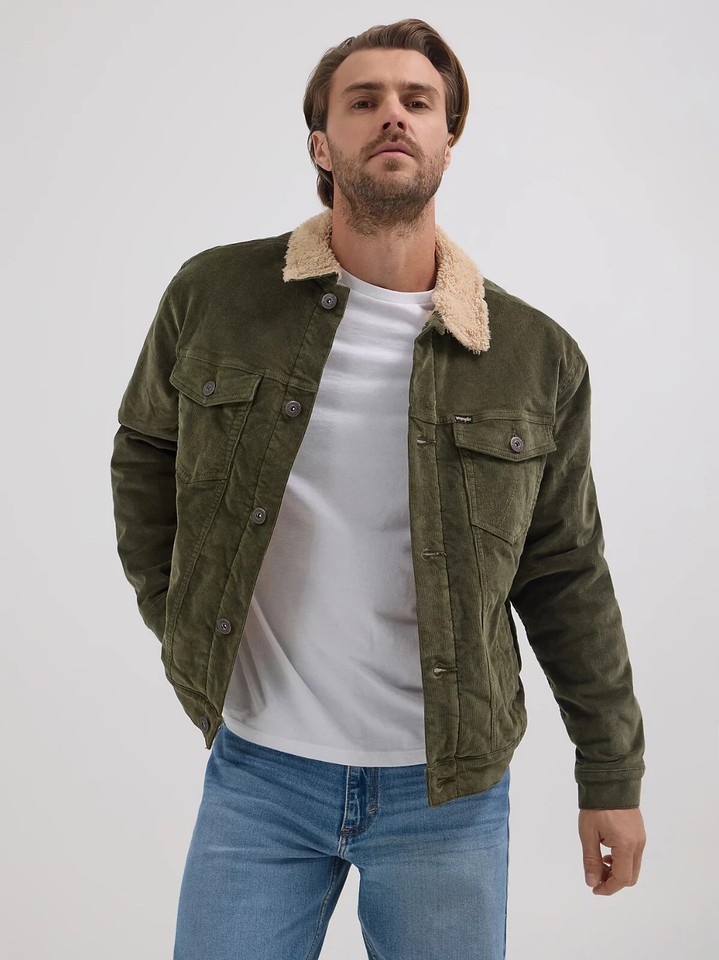 Men's Wrangler Sherpa Lined Corduroy Trucker Jacket - Olive Night ...