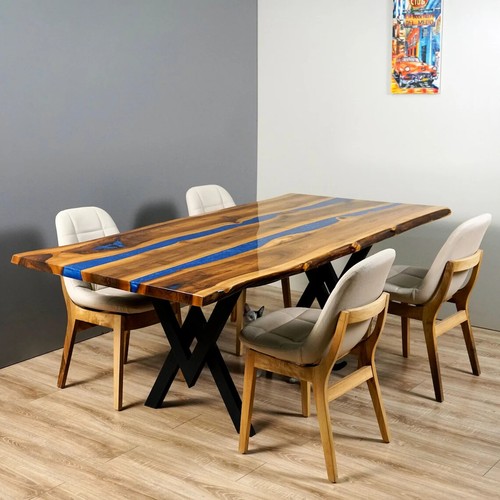 Epoxy Blue River Dining Table - Modern Wood Farmhouse Kitchen Table ...