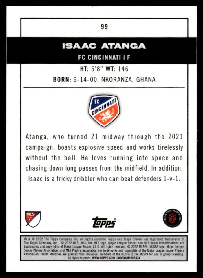 Isaac Atanga 2022 Topps Chrome MLS #99 FC Cincinnati 29857 Soccer Card ...