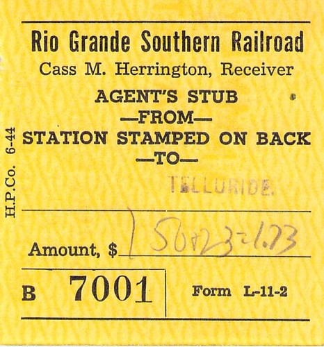 RIO GRANDE SOUTHERN TELLURIDE RIDGWAY RAILROAD RR RY RWY RAILWAY TICKET ...