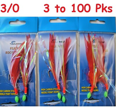 3 to 100 Packs 3/0 rock cod rigs Red/White feather rockfish baits -2 ...