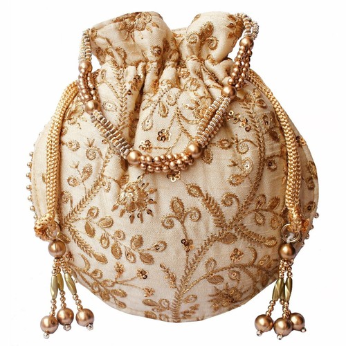 HANDMADE INDIAN ETHNIC CLUTCH SILK POTLI BATWA POUCH BAG WITH METAL ...