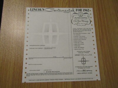 1962 LINCOLN CONTINENTAL NEW CAR PRICE WINDOW STICKER BLANK ...
