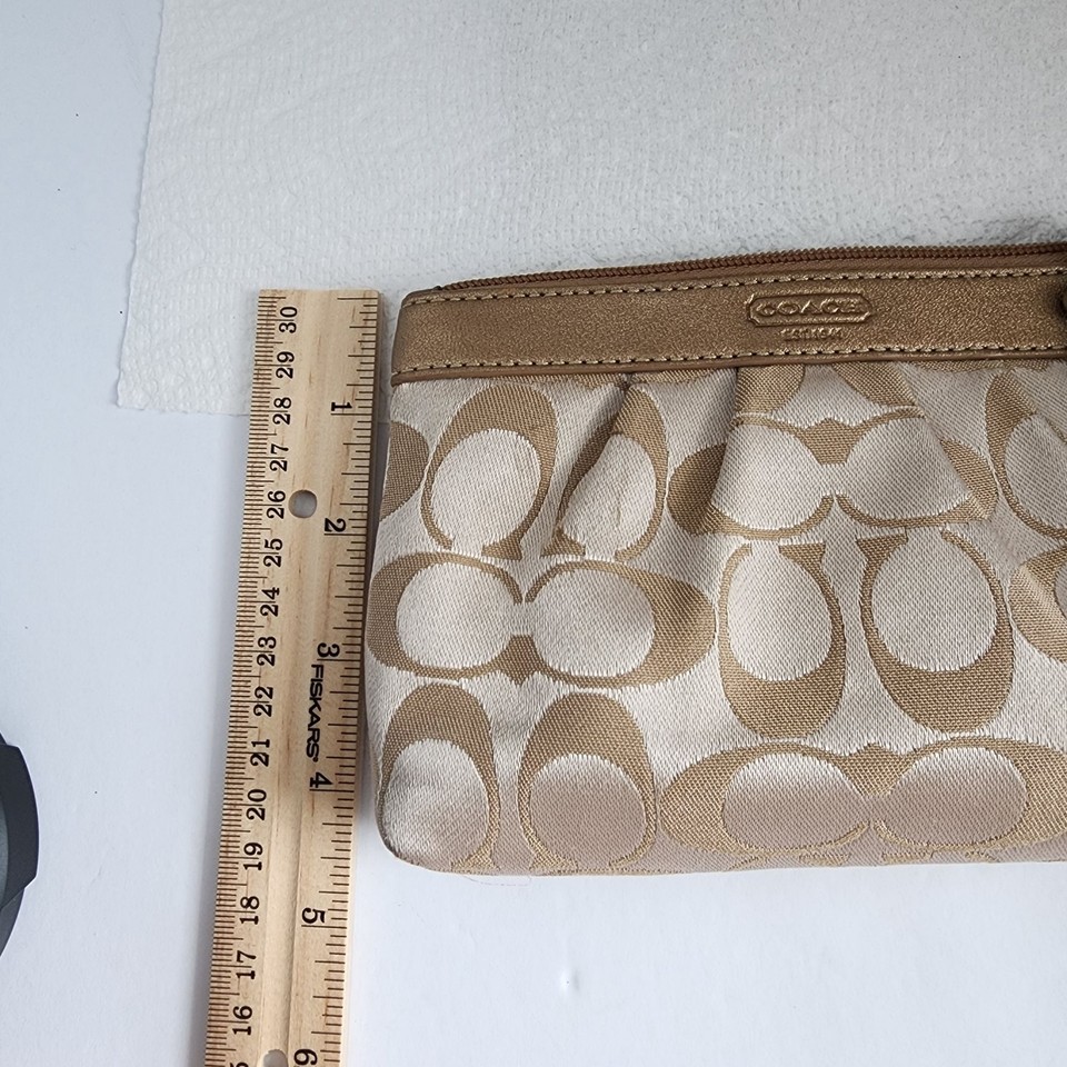 Coach Wristlet Signature Gold Beige Fabric & Leather Handbag Blue Satin ...