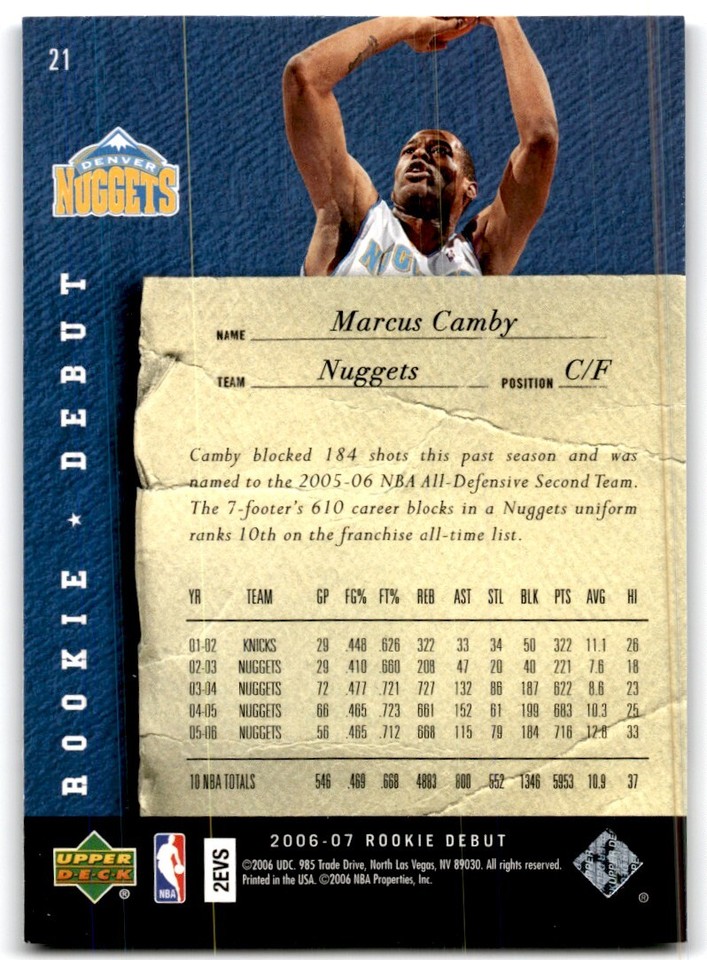 2006-07 Upper Deck Rookie Debut Marcus Camby B Basketball Cards #21 | eBay